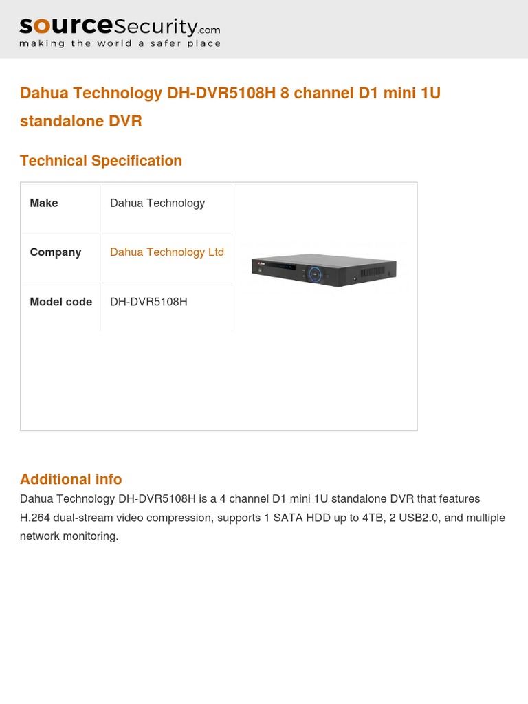 Dahua Technology DH dvr5108h Digital Video Recorder DVR | PDF