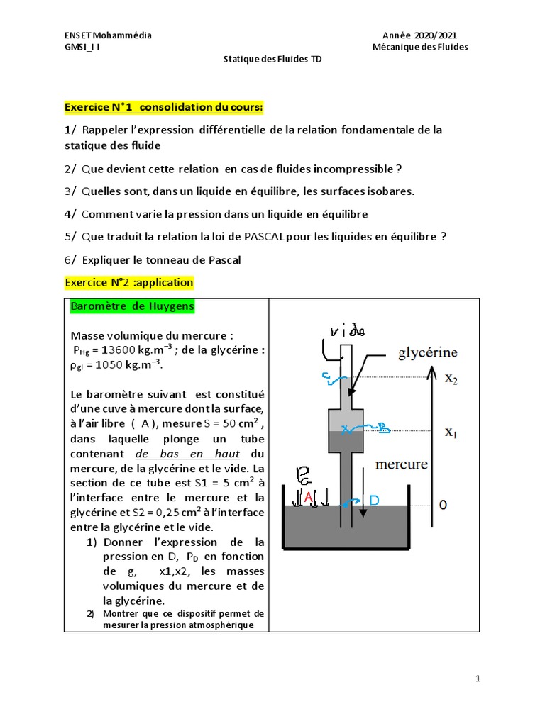 TD - Statique Des Fluides | PDF | Pression | Quantité