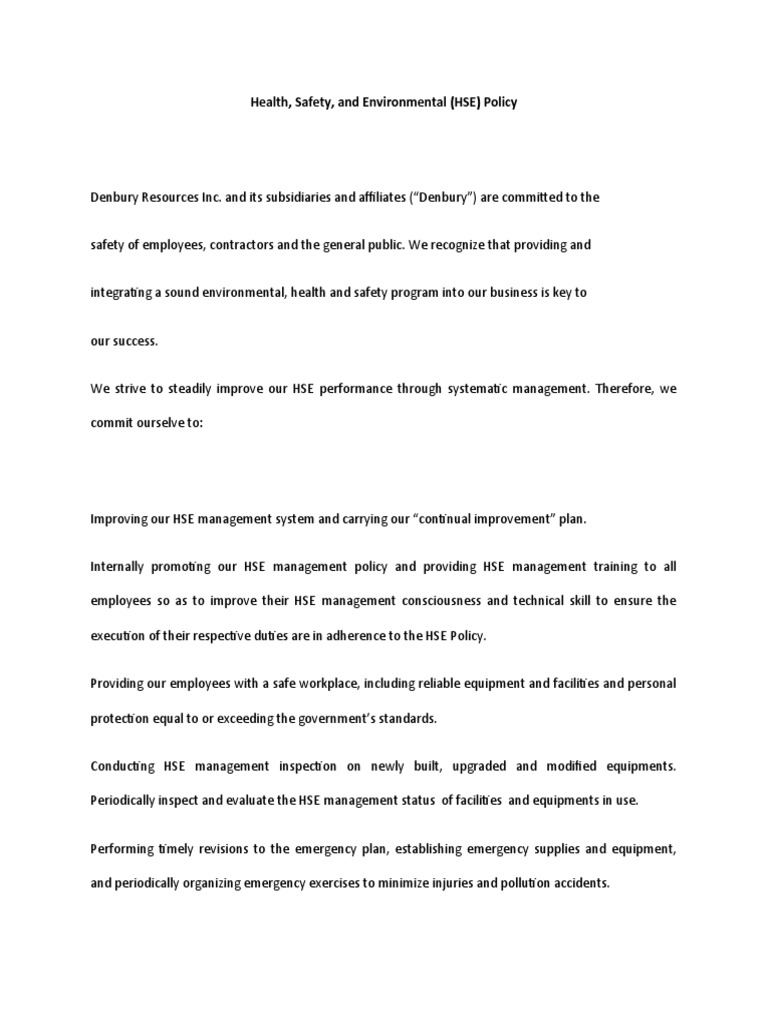 Health, Safety, and Environmental (HSE) Policy | PDF | Employment ...