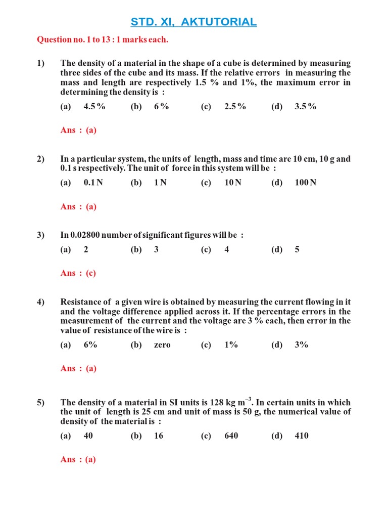Fourth Online MCQ Test STD - Xi AK Tutorial | PDF | Significant Figures ...