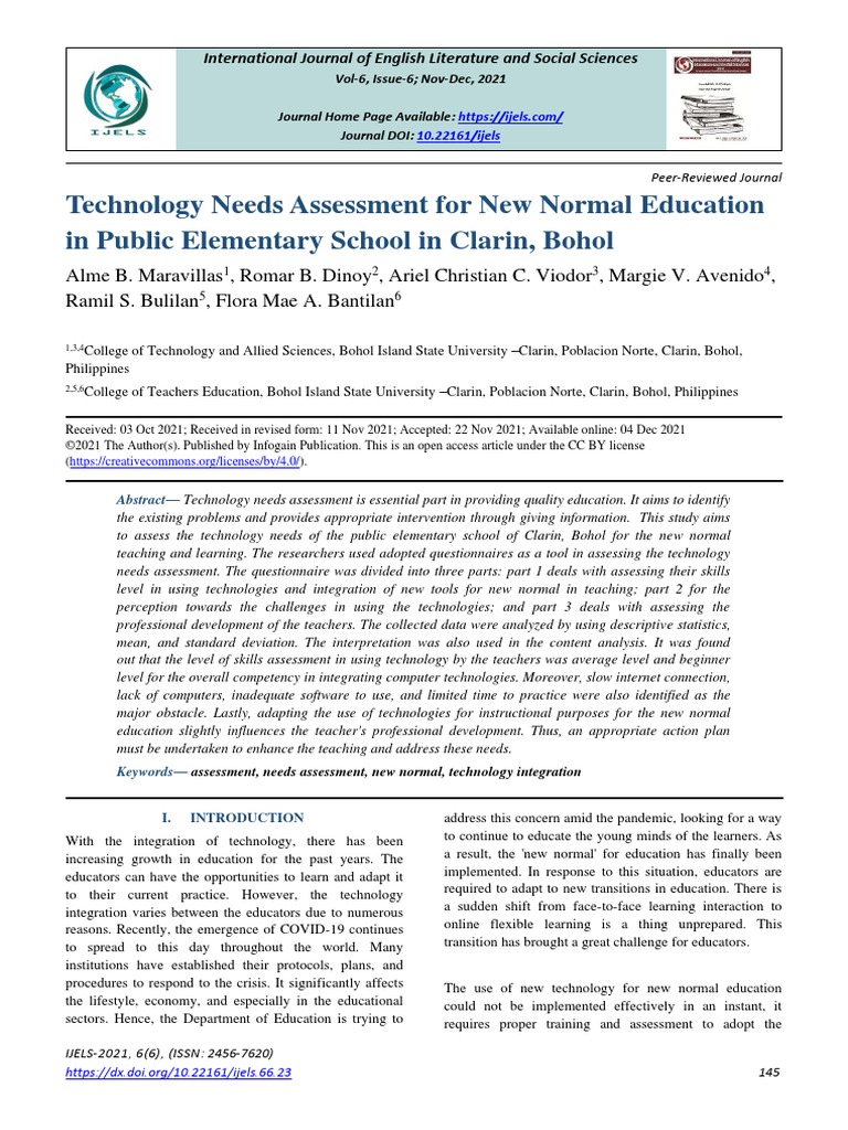 Technology Needs Assessment For New Normal Education in Public Elementary School in Clarin ...