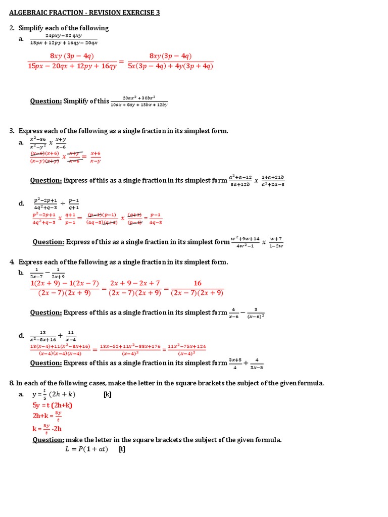 Algebraic Fraction - Revision Exercise 3 | PDF | Formula | Square Root