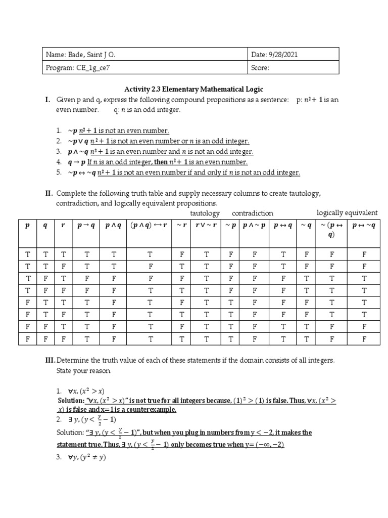 Activity 2.3 MMW | PDF | Contradiction | Truth