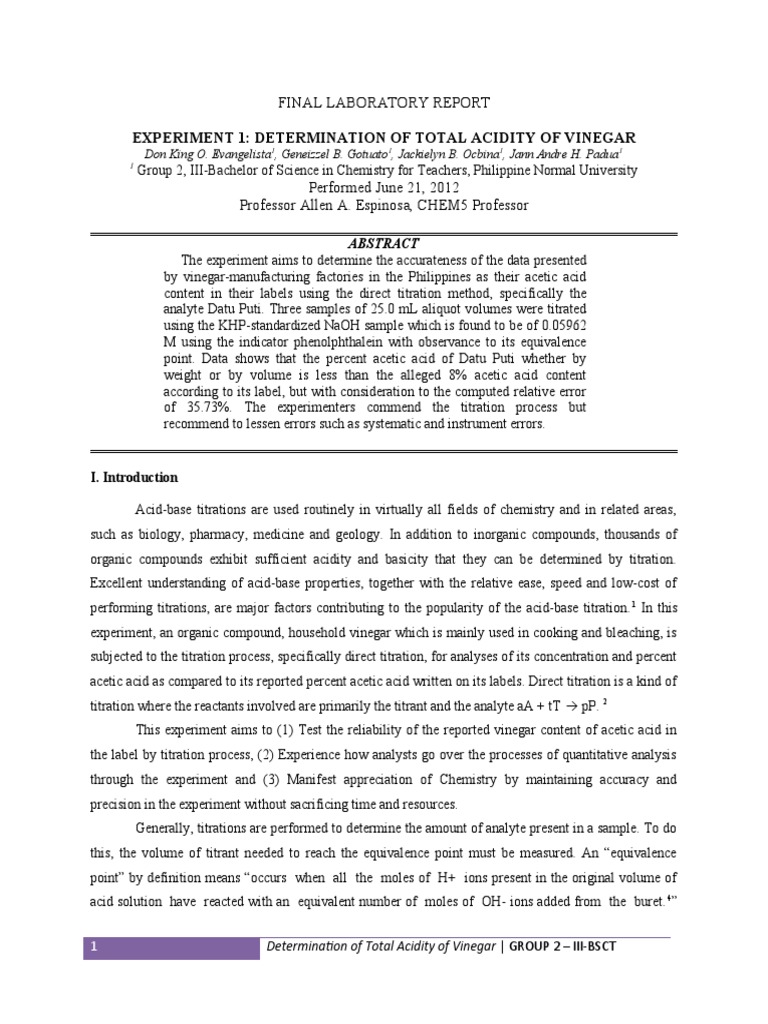 Experiment 1: Determination of Total Acidity of Vinegar: Final Laboratory Report | Download Free ...