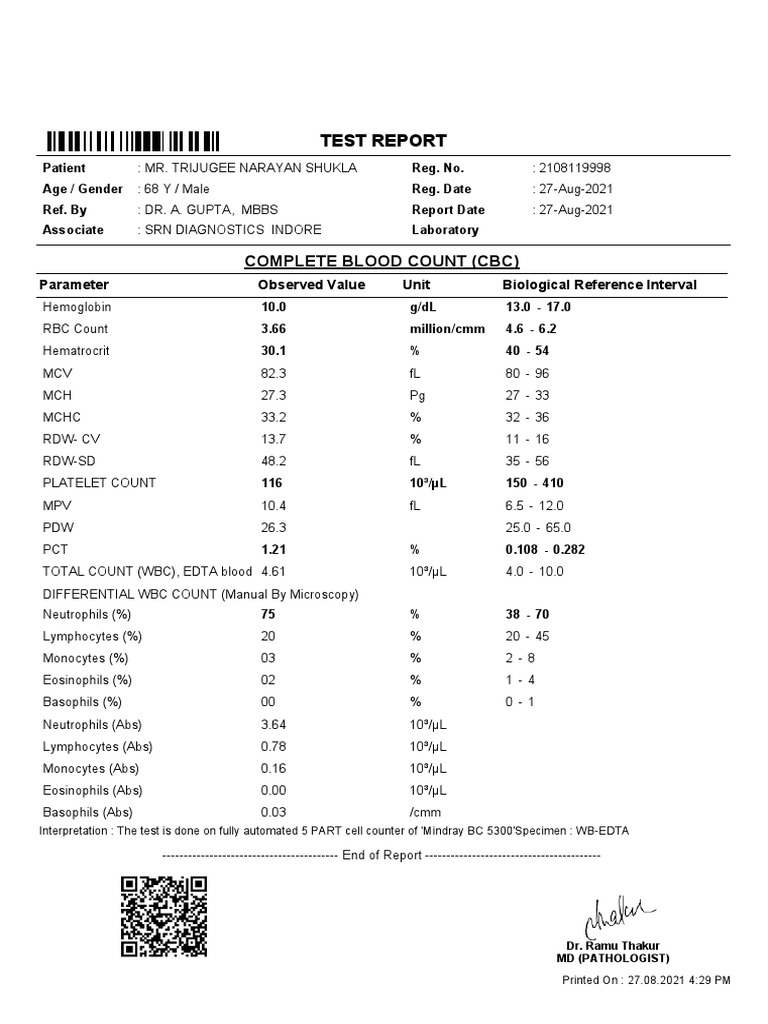 Test Report: Complete Blood Count (CBC) | PDF | Medical Specialties ...