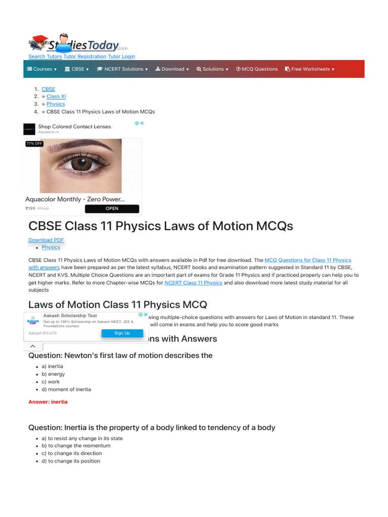 CBSE Class 11 Physics Laws of Motion MCQS, Multiple Choice Questions ...