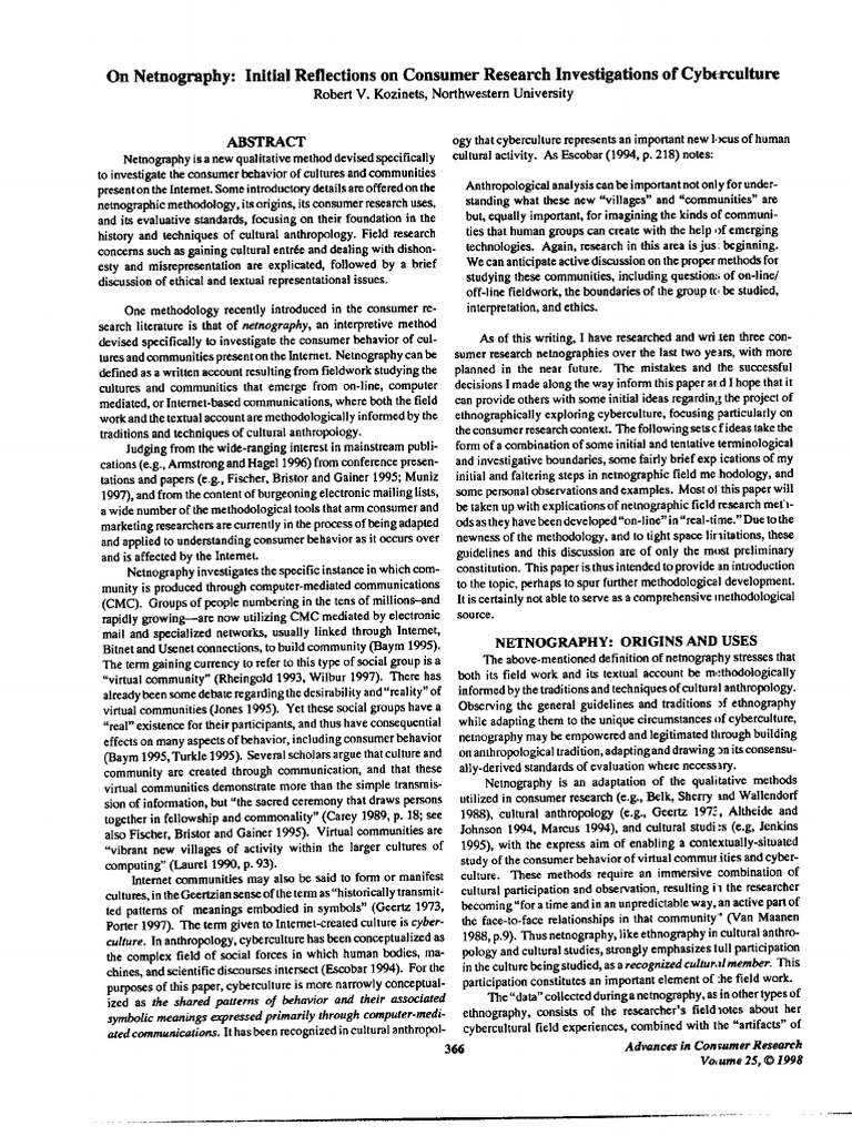 Netnography - Kozinets, 1998 | PDF | Ethnography | Anthropology