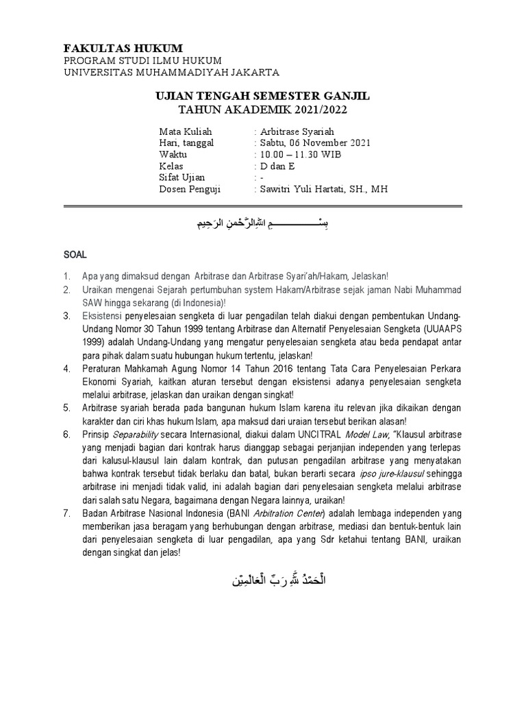 Soal UTS Arbitrase Syariah de | PDF