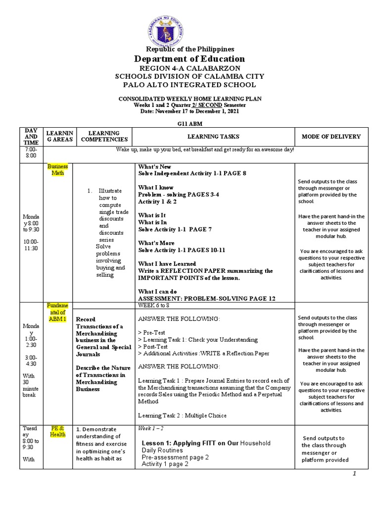 Week 1 N 2 Consolidated Weekly Home Learning Plan ABM | PDF | Interest ...