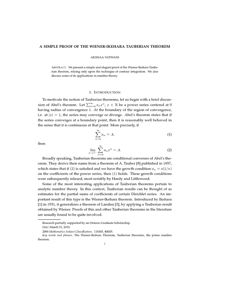 A Simple Proof of The Wiener-Ikehara Tauberian Theorem: Bstract | PDF ...