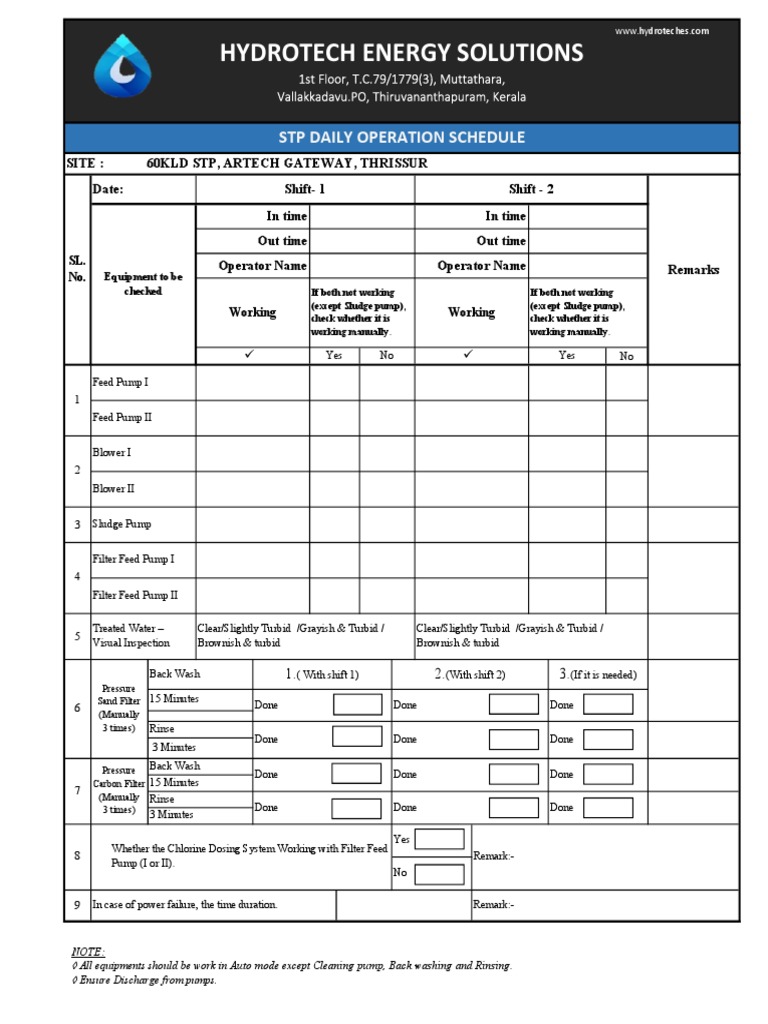 5a. STP Daily Log Book | PDF | Pump | Chemical Engineering