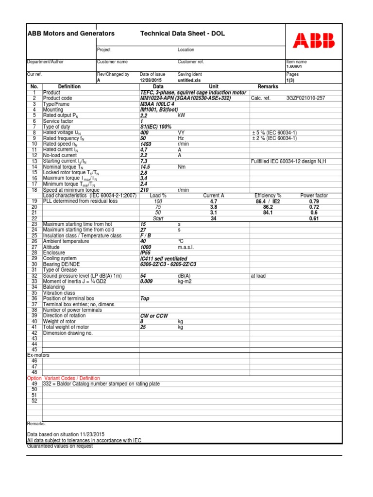 ABB Motors and Generators Technical Data Sheet - DOL: No. Data Unit ...