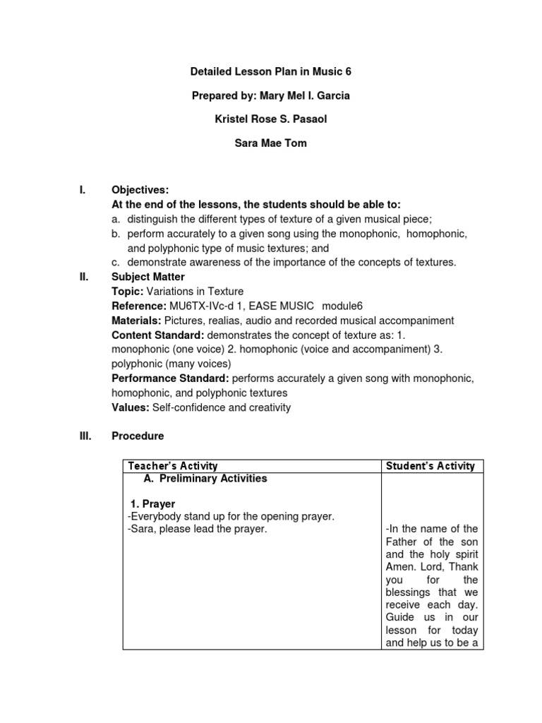 Detailed Lesson Plan in Music 6 | PDF | Elements Of Music | Music Theory