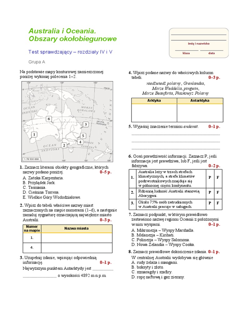 (Test 4 I 5) Australia I Oceania. Obszary Okołobiegunowe Paneta Nowa 8 ...