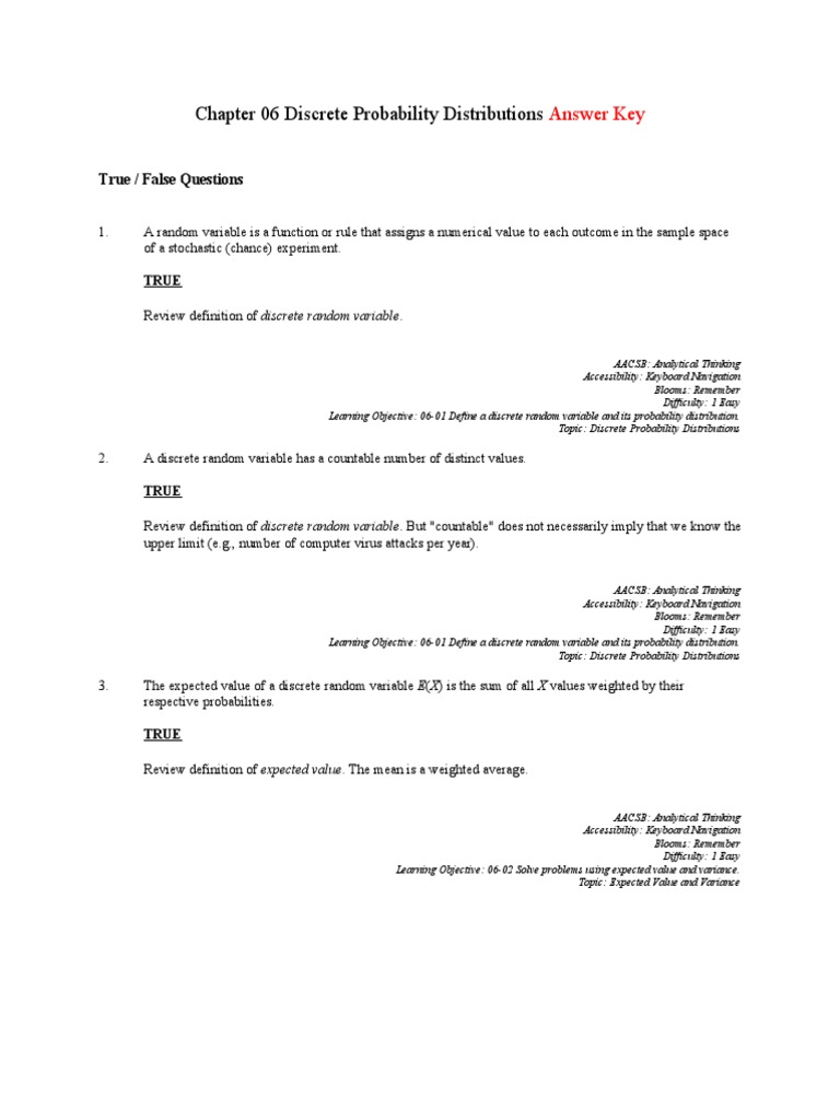 Chapter 06 Discrete Probability Distributions Answer Key | PDF ...