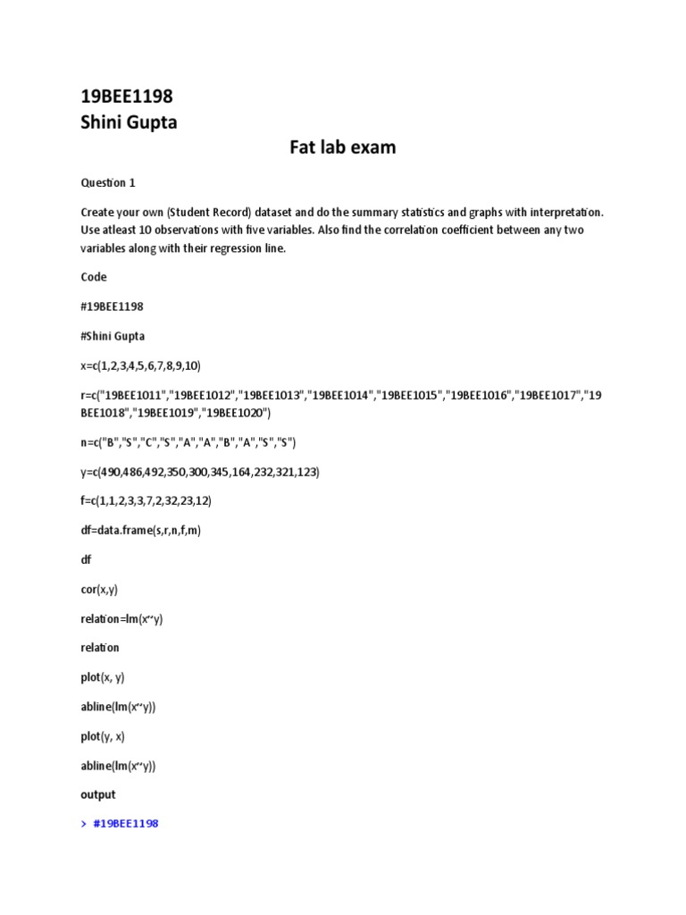 19BEE1198 Shini Gupta Fat Lab Exam: Output | PDF | Student's T Test ...