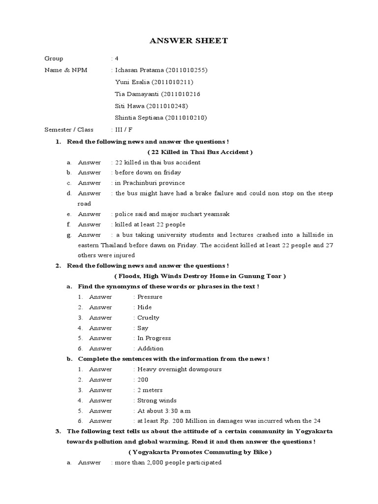 Answer Sheet - The Daily Test - Group 4 | PDF