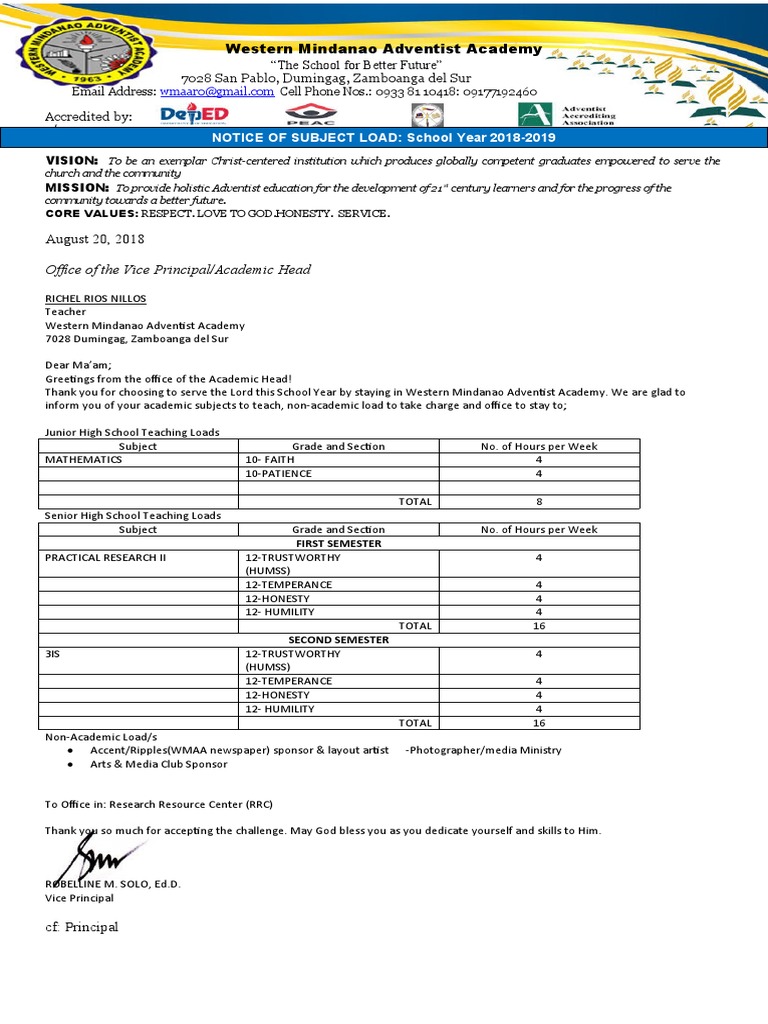 Notice of Subject Load S.Y. 2018 2019 RRN | PDF