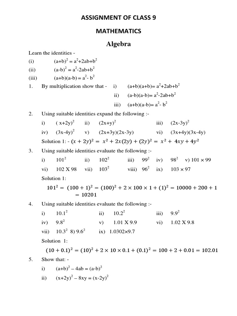 Assignment of Class 9 Mathematics: Algebra | Download Free PDF ...