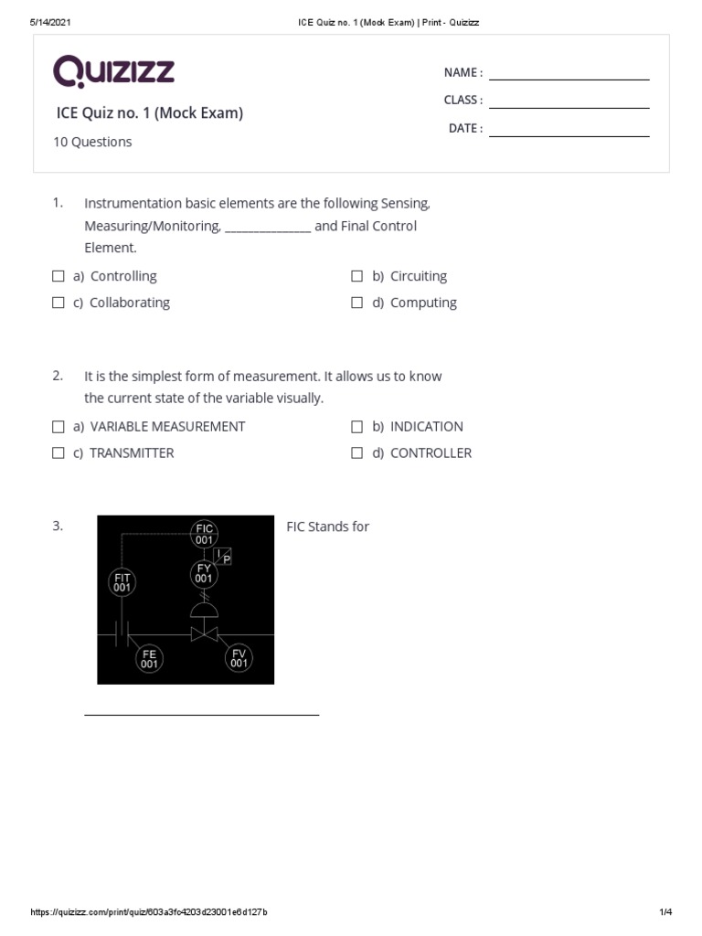 ICE Quiz No. 1 (Mock Exam) : Name: Class: Date | PDF | Flow Measurement ...