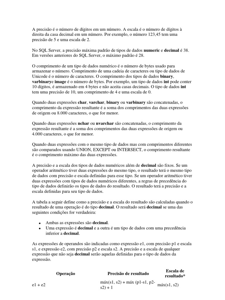 Precisão, escala e tipos de dados numéricos no SQL Server | PDF ...