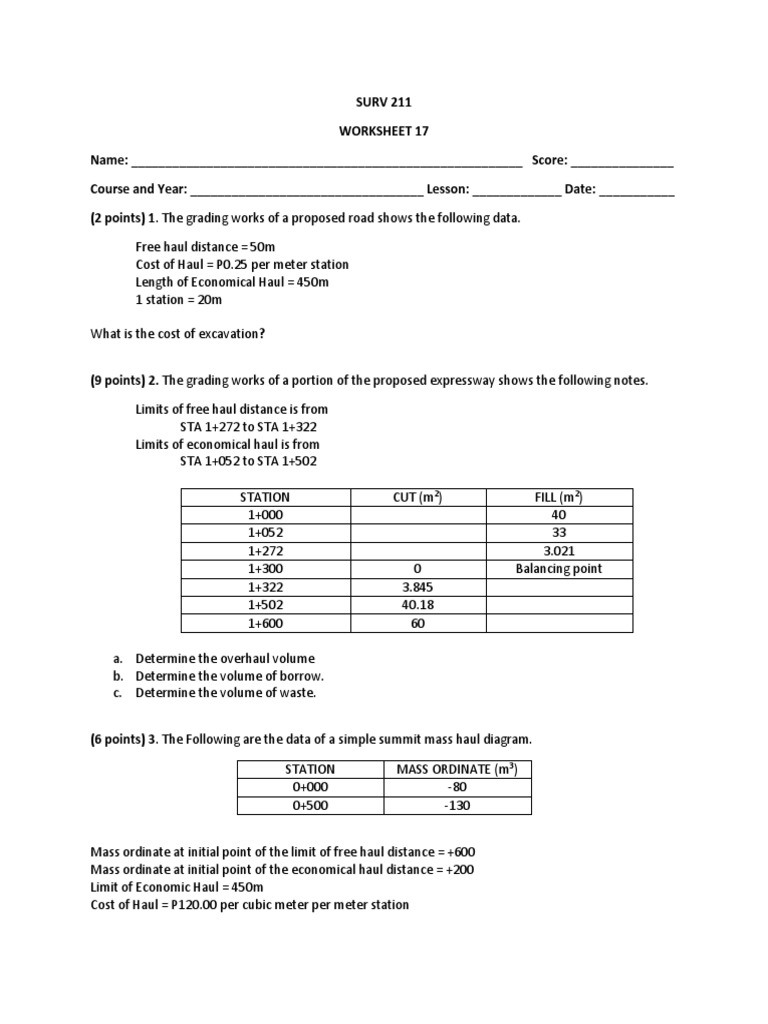 Surveying Worksheet 17 | PDF | Volume | Metrology