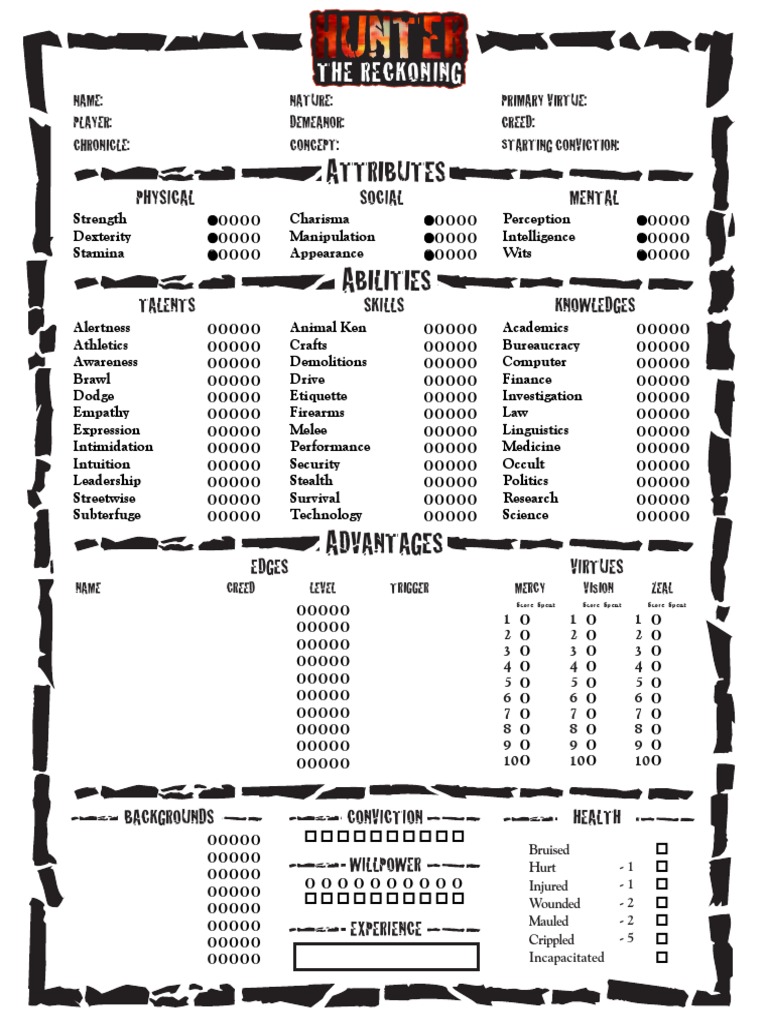 Hunter: The Reckoning Character Sheet | PDF | Role Playing Games | Gaming