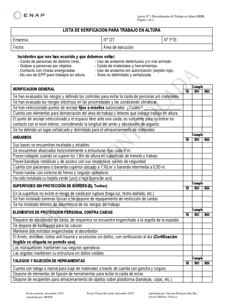 Anexo N°1 Lista de Verificación para Trabajo en Altura | PDF