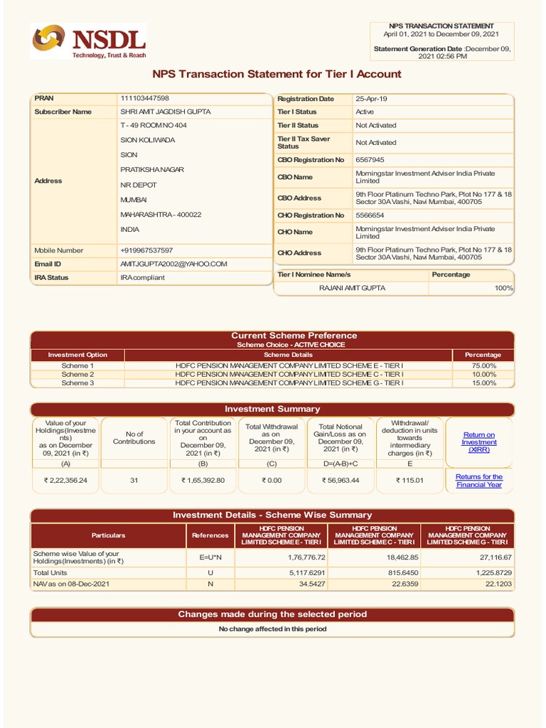 NPS Transaction Statement For Tier I Account: Current Scheme Preference ...