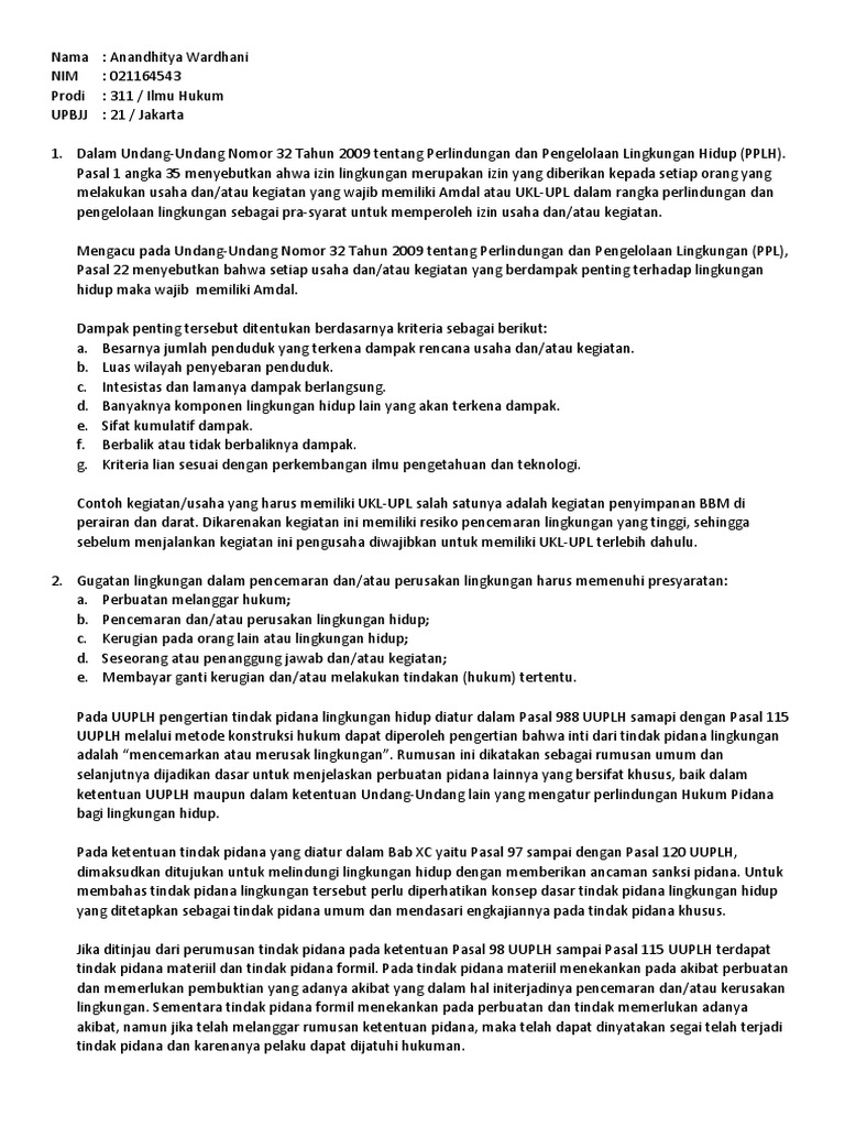 IZIN LINGKUNGAN DAN PIDANA LINGKUNGAN BERDASARKAN UNDANG-UNDANG PPLH | PDF