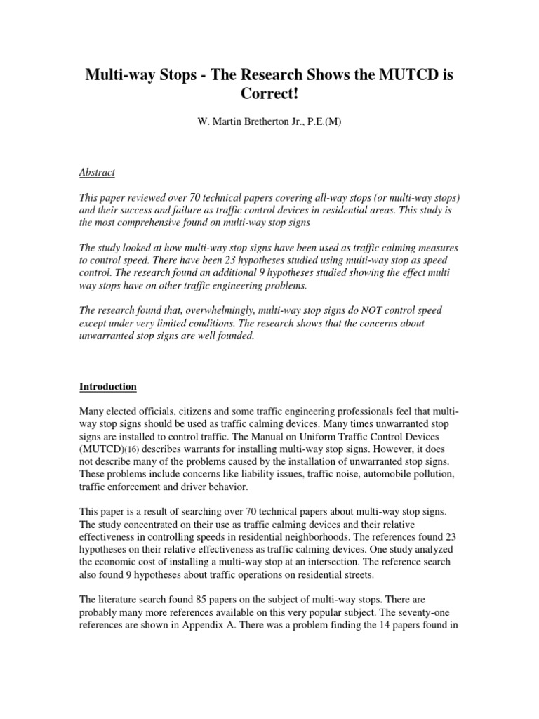 Multi-Way Stops - The Research Shows The MUTCD Is Correct! | PDF ...