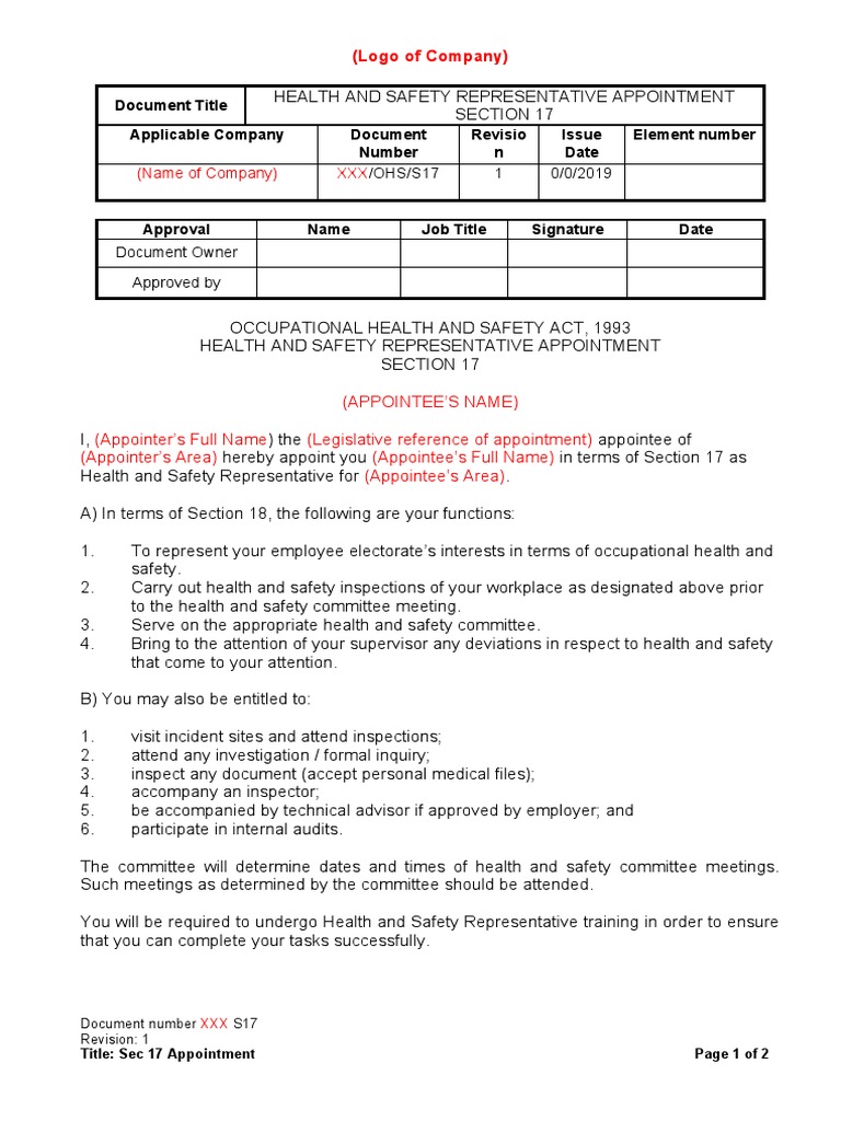 Health and Safety Rep Appointment | PDF | Occupational Safety And ...