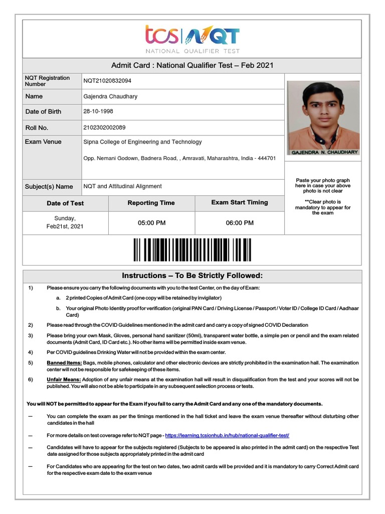 Admit Card: National Qualifier Test - Feb 2021: Instructions - To Be ...