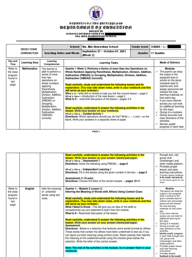 WHLP GR 5 All Subjects q1 Wk3 | PDF | Learning | Cognition