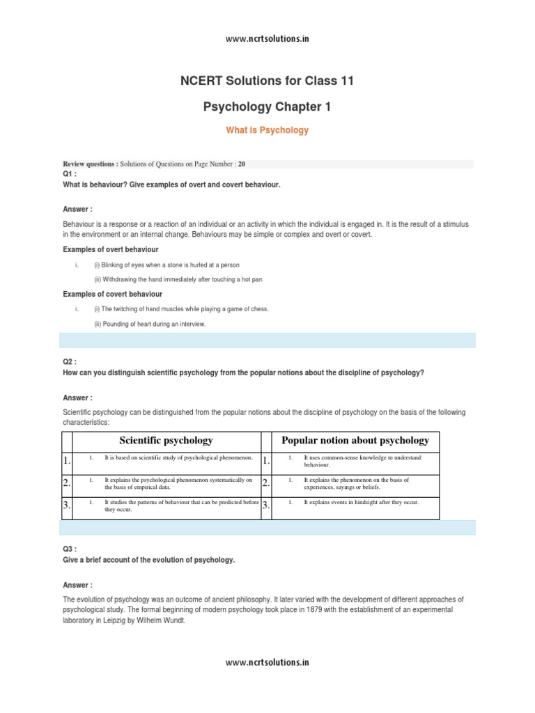 NCERT Solutions For Class 11 Psychology Chapter 1 | PDF | Psychology ...