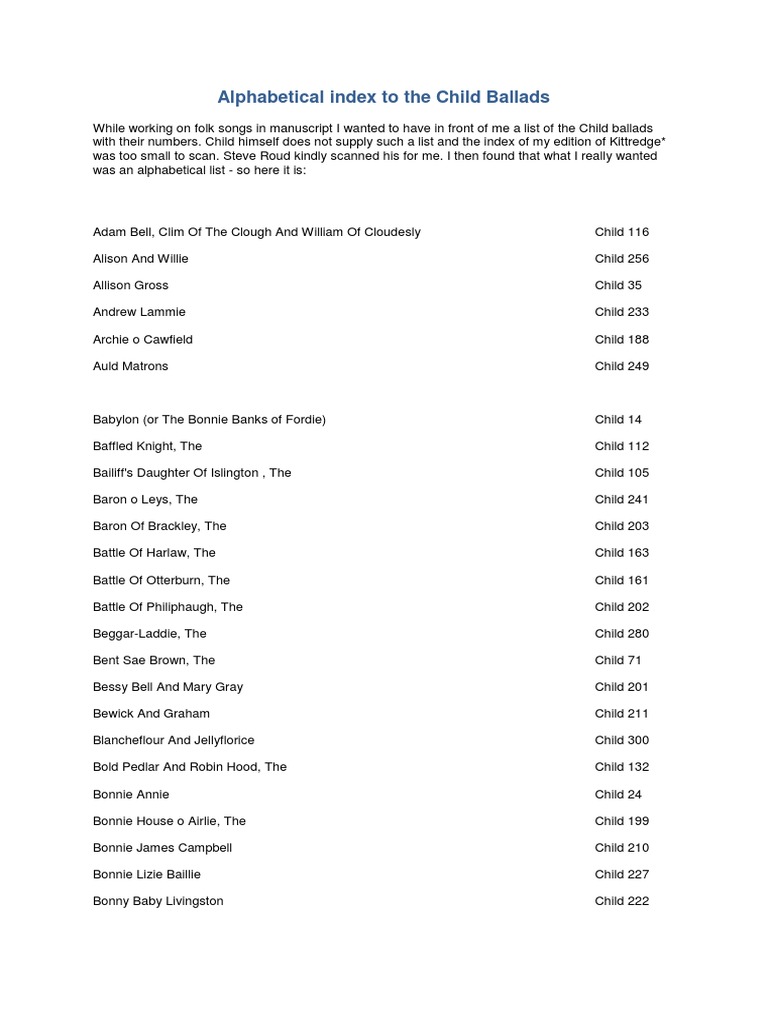 Alphabetical Index To The Child Ballads | PDF | Robin Hood | English Folklore