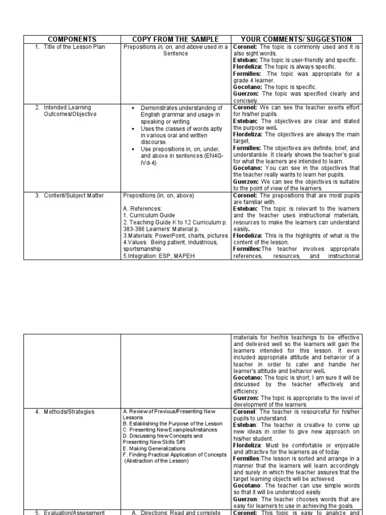 Components Copy From The Sample Your Comments/ Suggestion | Download ...