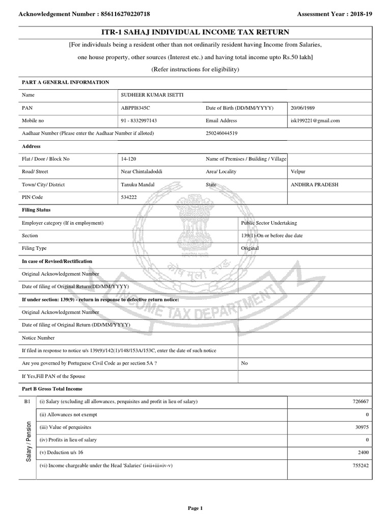 Itr-1 Sahaj Individual Income Tax Return: Acknowledgement Number ...