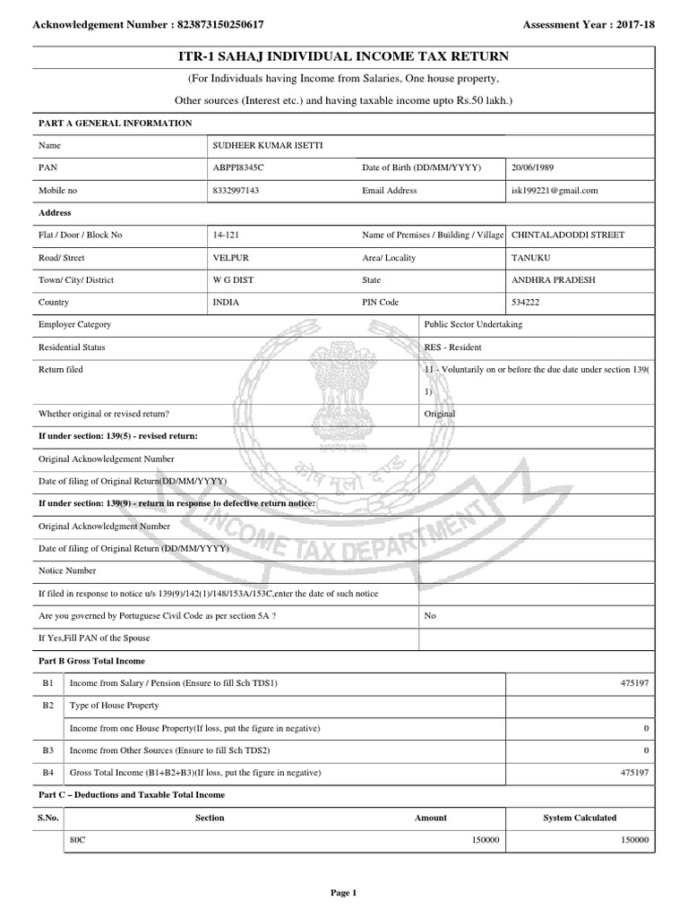 Itr-1 Sahaj Individual Income Tax Return | PDF | Government | Taxes