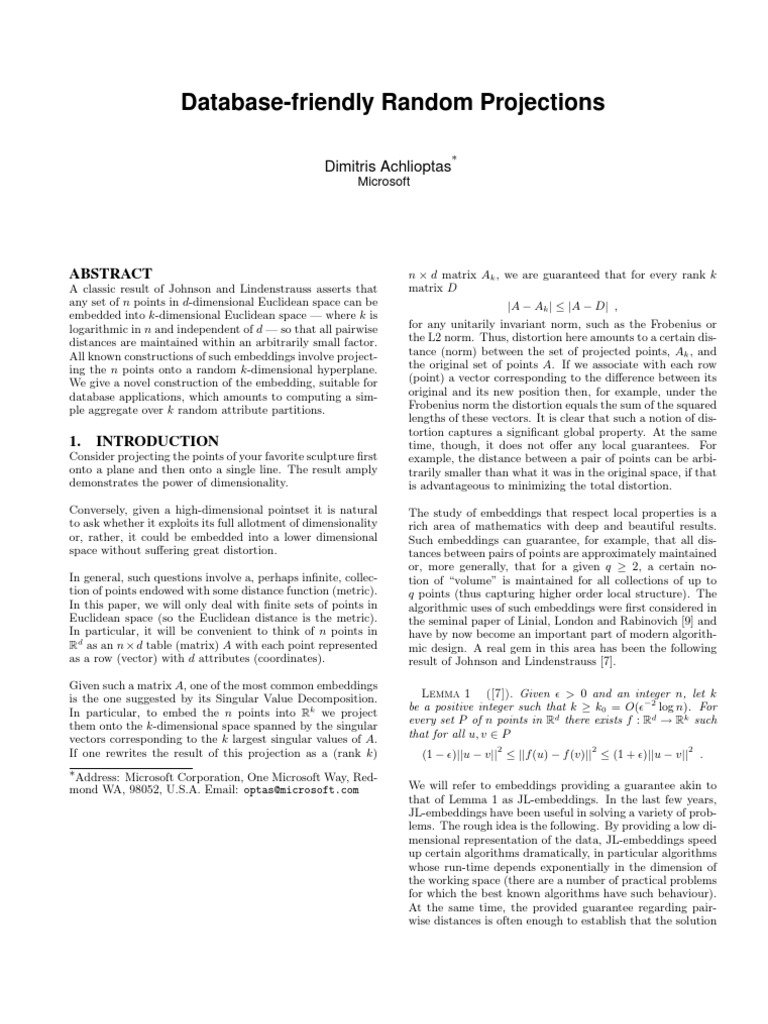 Database Friendly Random Projections | PDF | Normal Distribution | Vector Space