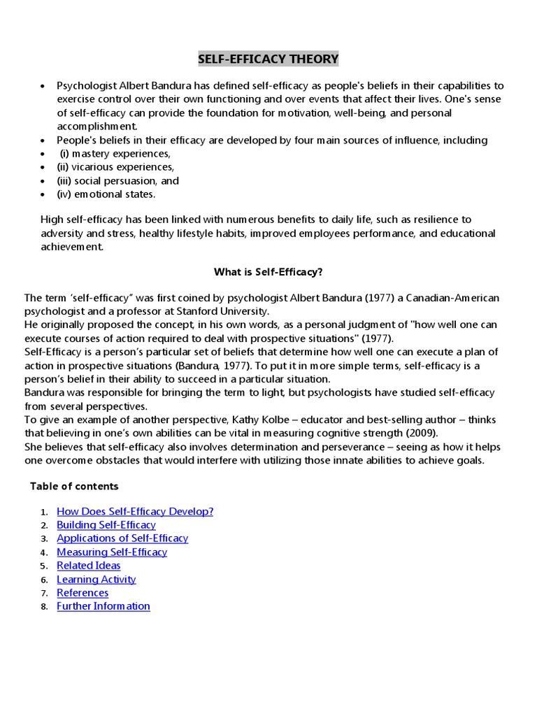 Self Efficacy Theory - Presentation | PDF | Self Efficacy | Emotions