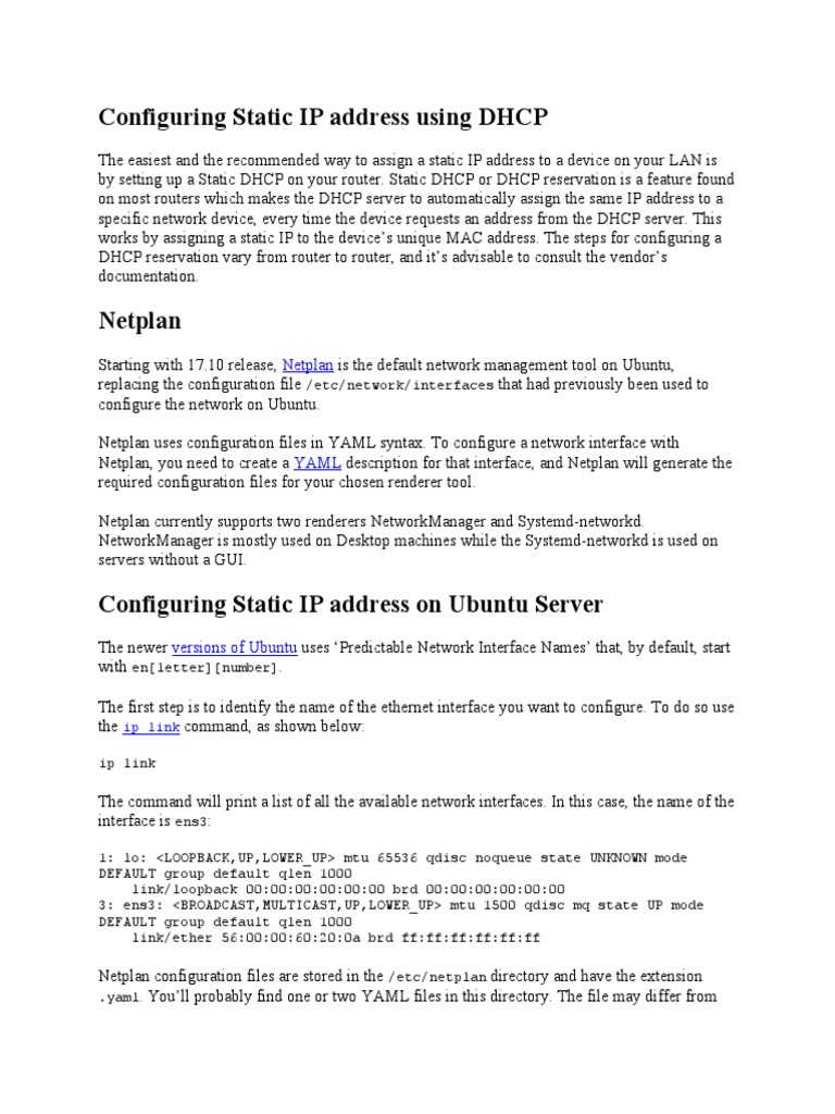 Configuring Static Ip Address Using Dhcp Pdf Ip Address Computer Network