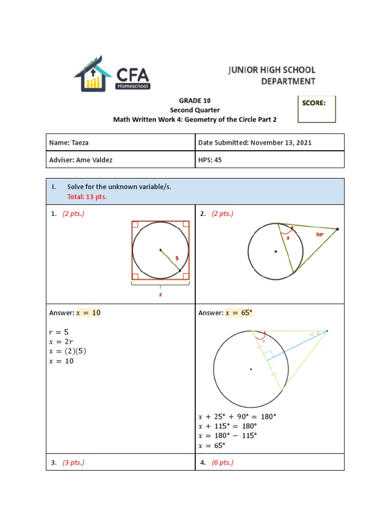 Grade 10 Second Quarter Math Written Work 4: Geometry of The Circle Part 2 | PDF | Circle ...
