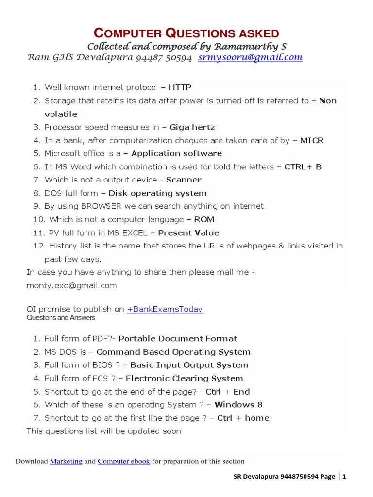 Computer Questions and Answers for Bank Exams | PDF | Operating System ...