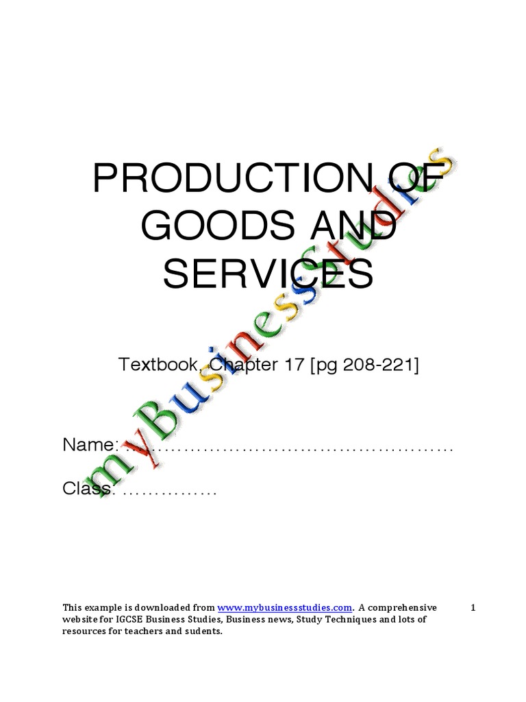 Production of Goods and Services: Textbook, Chapter 17 (PG 208-221 ...