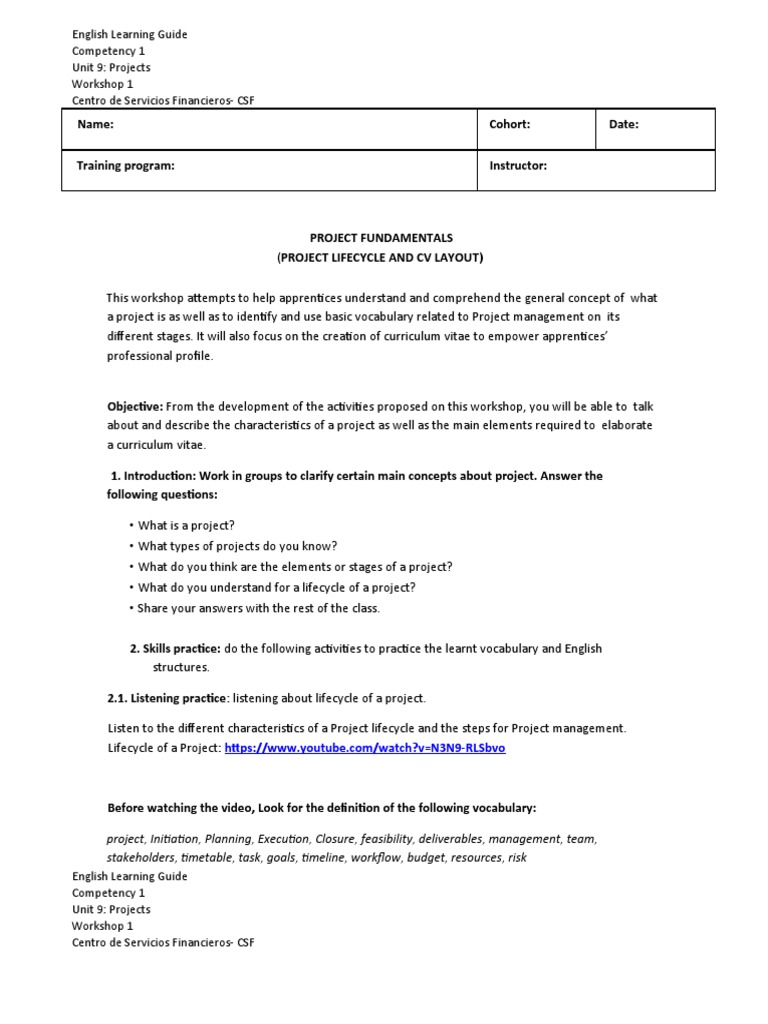 Workshop 8. Project Fundamentals | PDF | Project Management | Curriculum