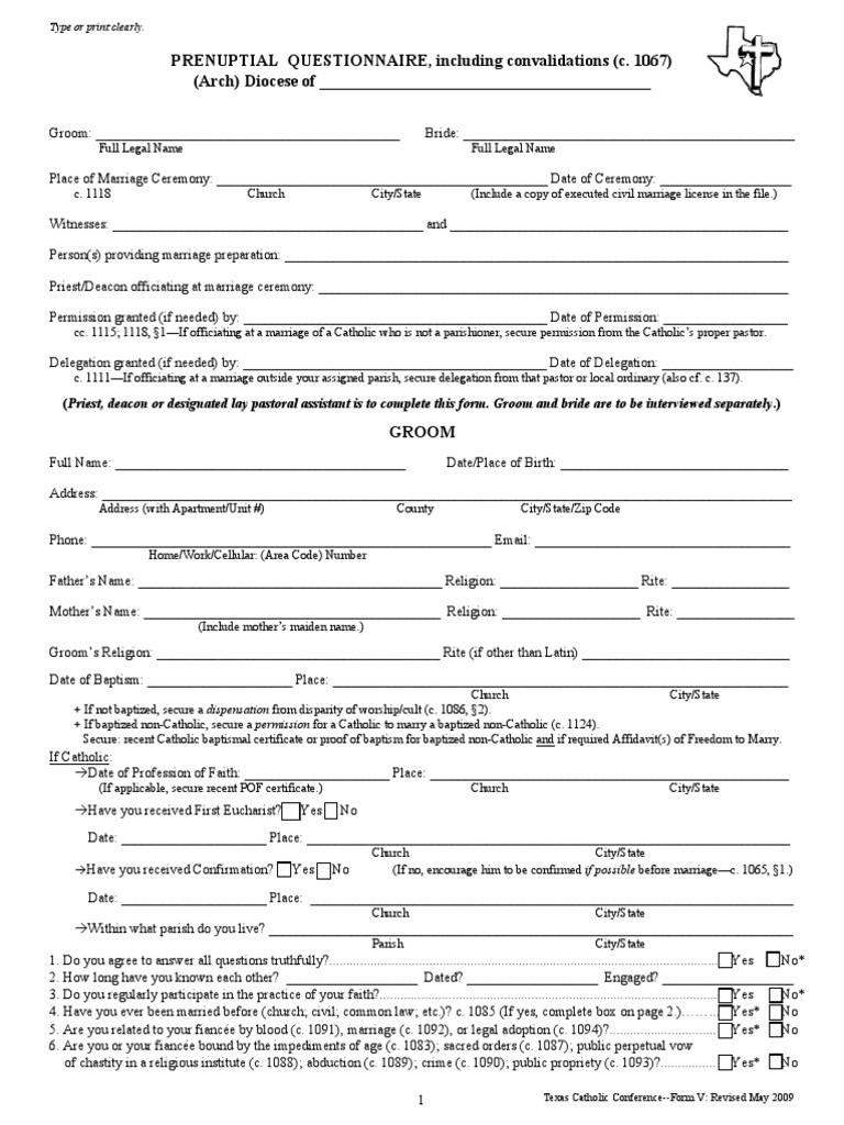 Form V Prenuptial Questionnaire | PDF | Annulment | Catholic Church