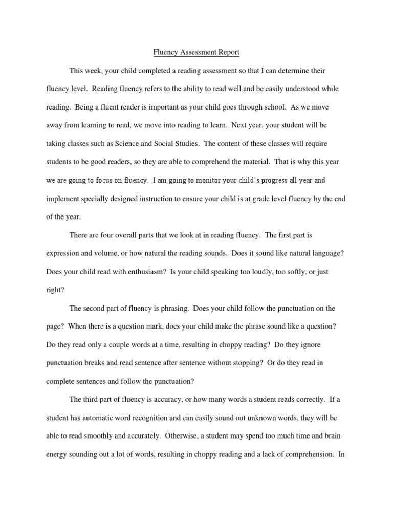 Fluency Assessment Full Document | PDF | Fluency | Reading Comprehension