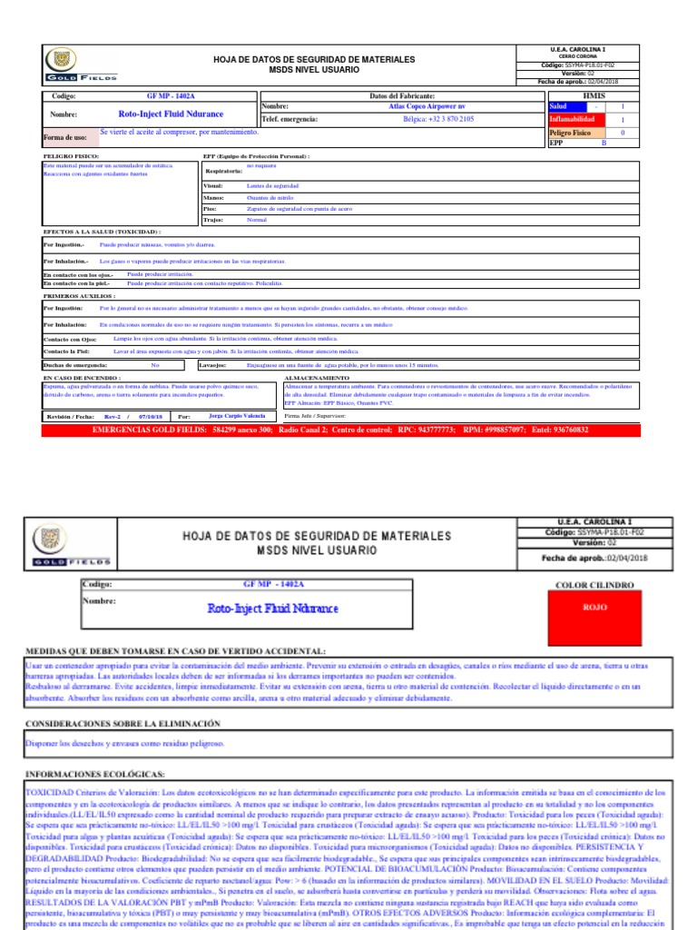 MSDS (Roto-Inject Fluid Ndurance) | PDF | Agua | Toxicidad
