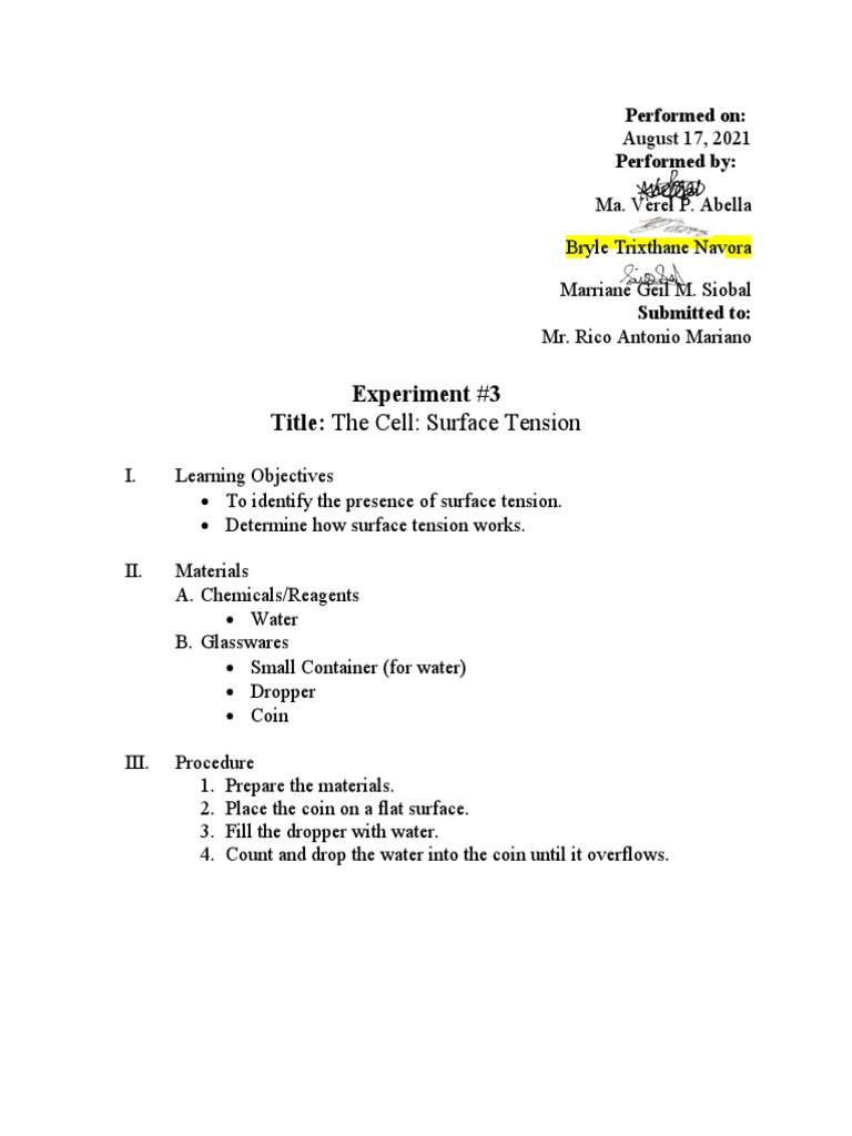 Experiment #3 Title: The Cell: Surface Tension: Performed On: Performed ...